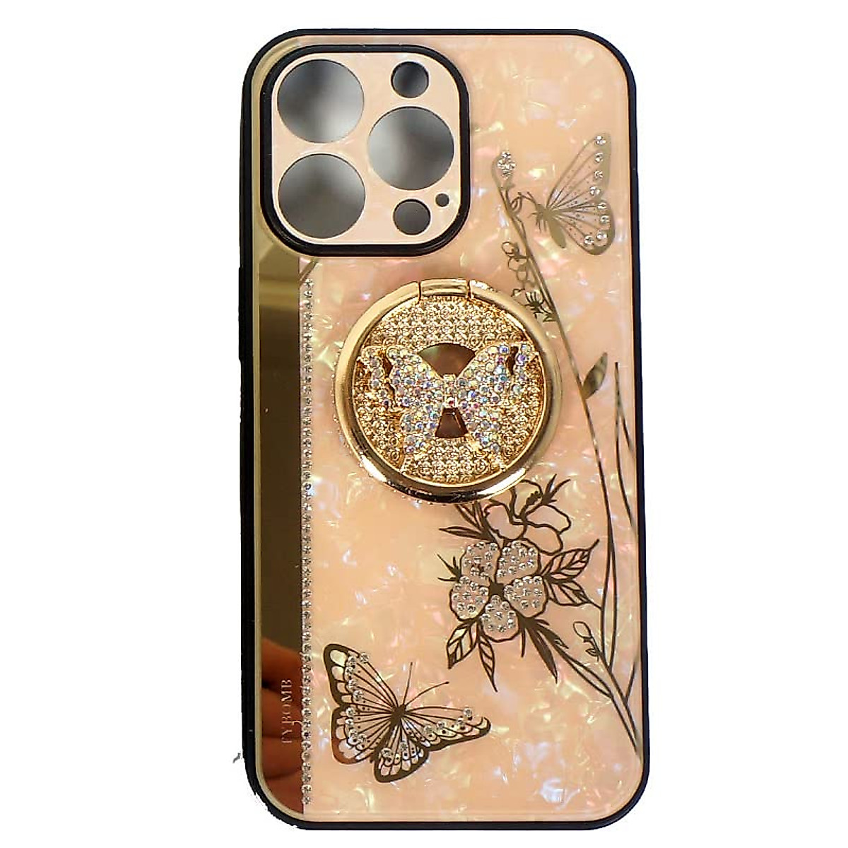 Topwin iPhone 14 Pro 6.1'' Kickstand Case, Cute 3D Butterfly Bling Glitter Marble Elegant Rhinestone Diamond Hard Back Soft TPU Bumper Cover for Girls for Apple iPhone 14 Pro 6.1 2022 (Rose Gold)