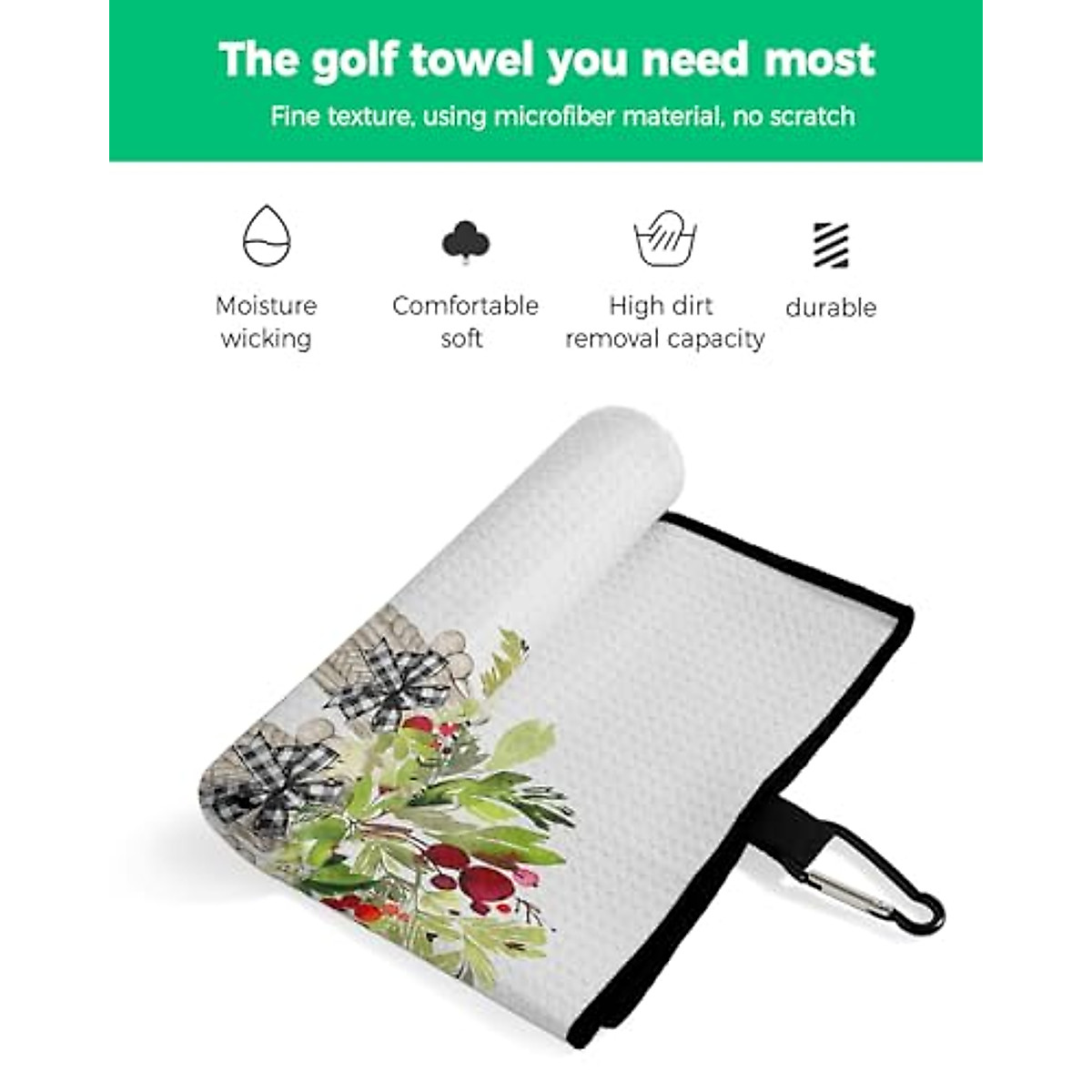 Golf Towel Watercolor Christmas Stocking Berry,Waffle Pattern Microfiber Club Cleaner Golf Towels with Carabiner Clip for Women Men Dad,Black White Buffalo Plaid Bow Golf Towel for Golf Bags,24x16in