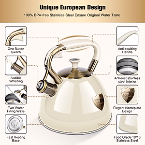 Tea Kettle Stove Top 3.17Quart Modern Whistling Tea Kettle-Surgical 5 Layer Stainless Steel Teakettle Teapot with Cool Touch Ergonomic Handle Teapot - Pot For Stove Top (copper handle)