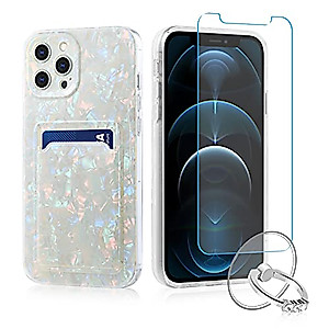 ZIYE Designed for iPhone 12 Pro Max Case with Card Holder for Women Girls Glitter Bling Shell Pattern TPU Silicone Protective Cell Phone Wallet Bumper with Screen Protector Ring Holder