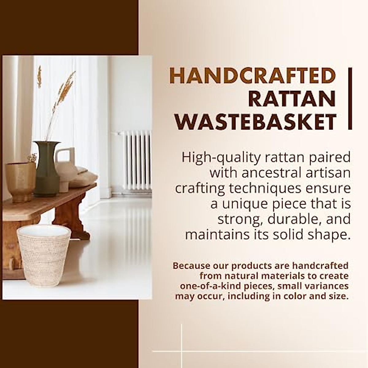 Kouboo La Jolla Rattan Plastic Insert, White-Wash Waste Basket