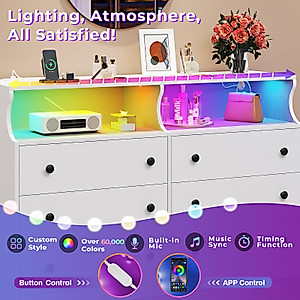 Hasuit 6 Drawer Dresser with LED Lights and Charging Station, Wide Chest of 6 Drawers with Open Space, Modern Large Capacity Storage Cabinet, White Dresser for Bedroom, Living Room, Hallway