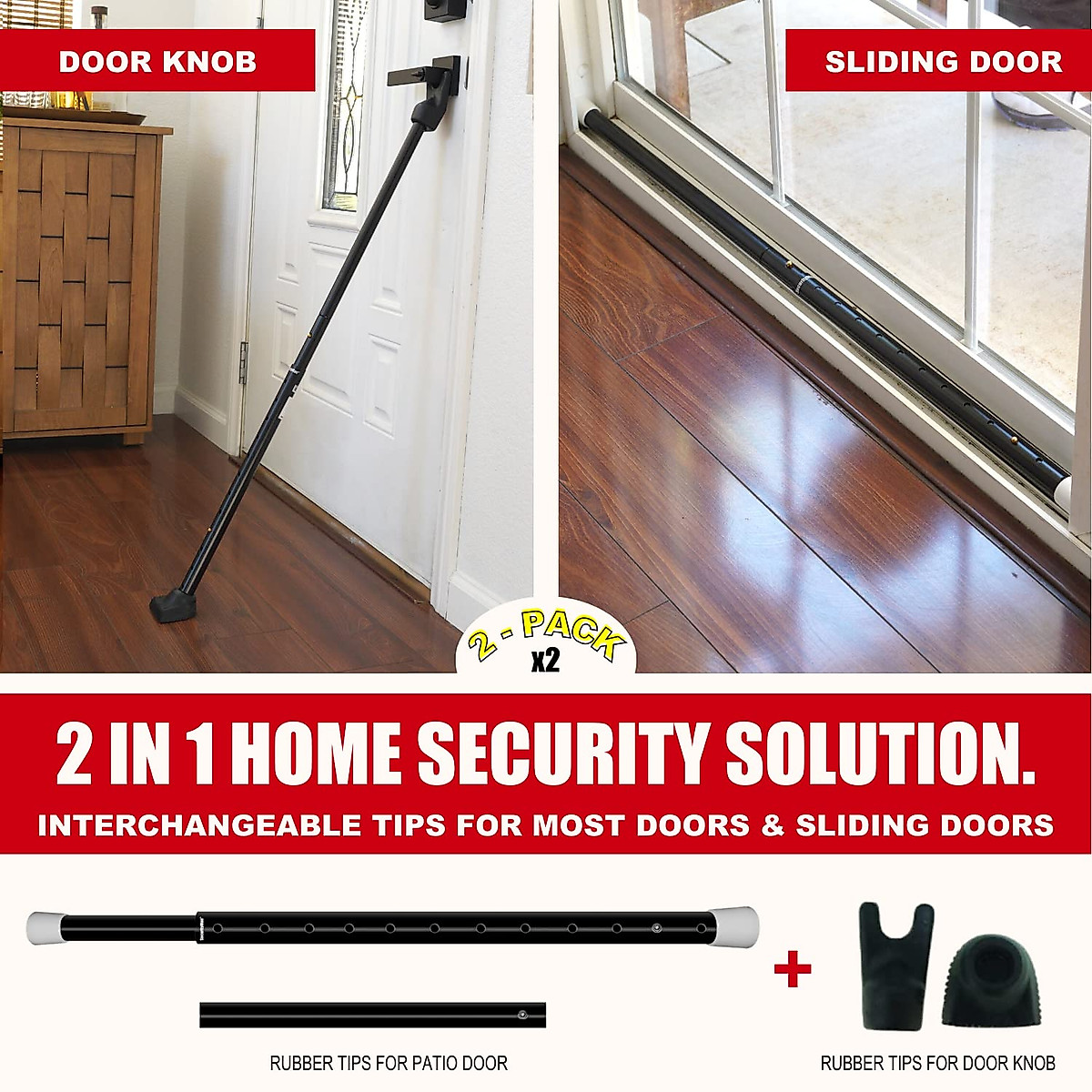 SECURITYMAN 2-in-1 Door Security Bar & Sliding Patio Door Security Bar (2 Pack) via Interchangeable Caps - Heavy Duty Iron Construction Door Stoppers for Home, Apartment, Travel Hotel - Black