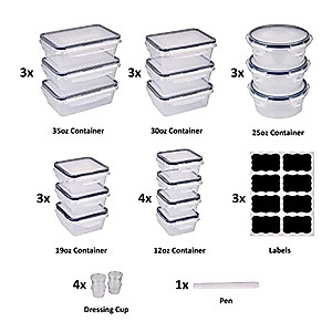 40 Piece Food Storage Container Set w/ Dressing Cups (20 Containers + 20 Lids) - Airtight Plastic Containers for Kitchen Organization, Meal Prep, Leftovers, Lunch - Includes Labels & Erasable Marker