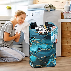 Teal Blue and Gold Laundry Basket, Waterproof Laundry Hamper, Laundry Bag with Padded Handles, Clothes Hamper Stands Up Well, Collapsible Laundry Basket Easy Storage