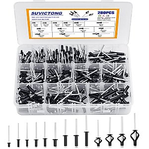 280pcs Black Pop Rivets Assortment Kit, SUVICTONG Aluminum Blind Rivets, (1/8" 5/32" 3/16") 13 Sizes Tri-fold Exploding Pop Rivet with Reinforced Label Case for Kayak Marine Boat