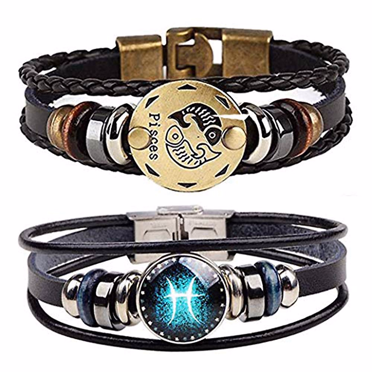 NIGHTCRUZ Constellation Braided Rope Bracelet - Punk Alloy Leather Bracelet - Hand Woven Braided Rope Bracelet Punk Chain Cuff 2 PCS (Pisces)