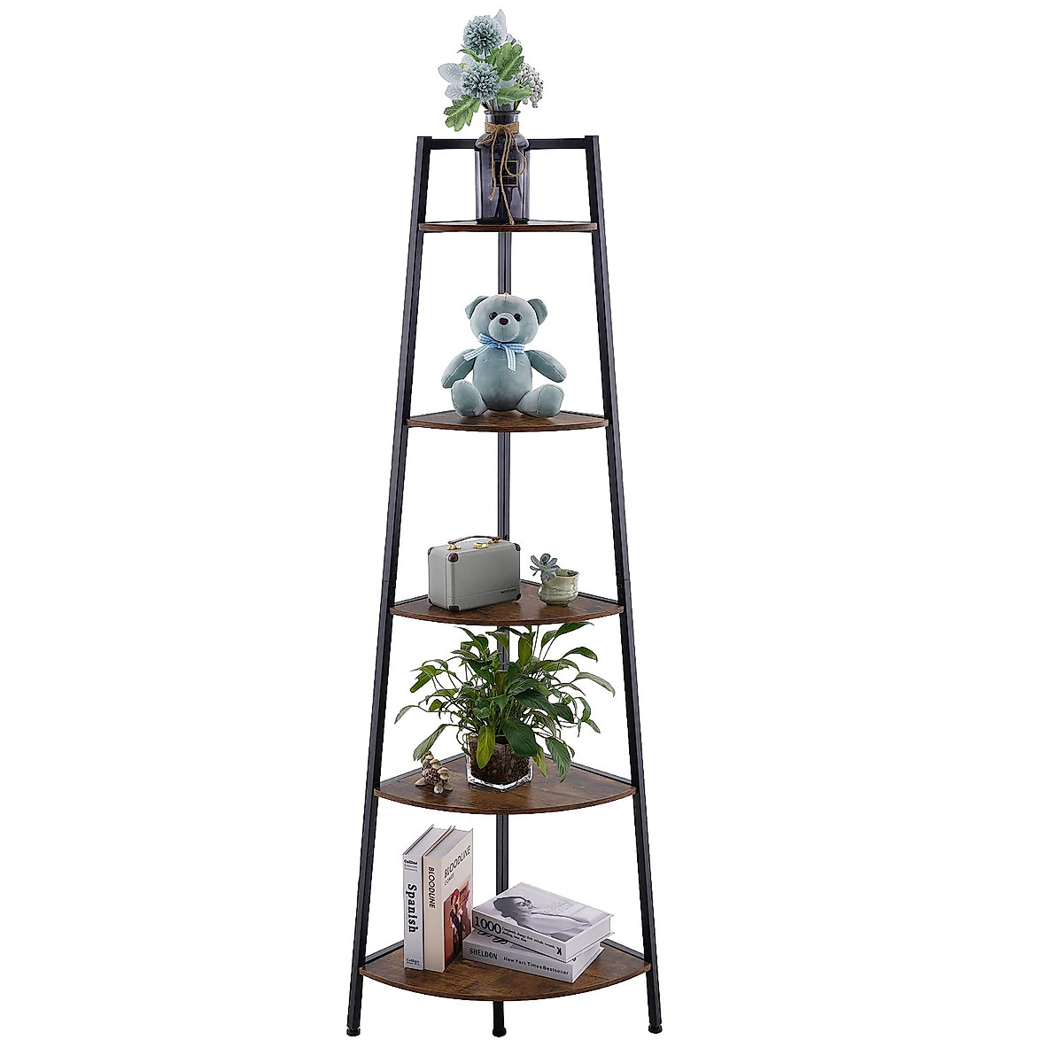 NAIYUFA Industrial Corner Shelf Stand,5 Tier Corner Shelf,Modern Corner Bookshelf Small Bookcase, Rustic Tall Corner Ladder Bookcase Plant Stand for Living Room,Kitchen,Home Office