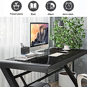 SAMERY Computer Desk Home Office Desks, 55.1 Inch Modern Simple Office Black Glass Desk Computer Table Study Gaming Writing Desk, Fashion Strength Tempered Glass Office Laptop Desk