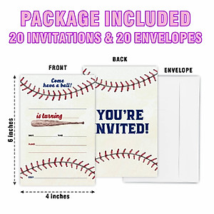 JCVUK Baseball Birthday Invitation Cards, Sports Theme, 20 Invites With Envelopes, Double-sided Fill In Style Invitations, Birthday Party Favor, Decorations And Supplies - Y06