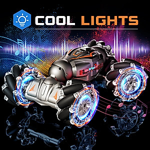 Deejoy 1:12 RC Stunt Car, 2.4GHz 4WD Remote Control Gesture Sensor Toy Cars, Double Sided Rotating Off Road Vehicle 360° Flips with Lights Music, for Boys & Girls Birthday（Black Silver）