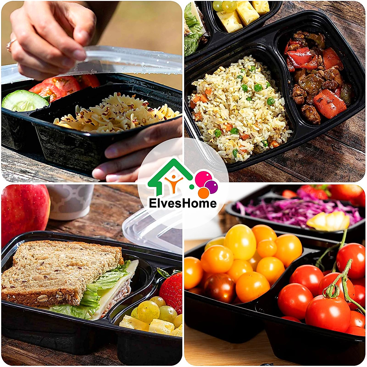 Meal Prep Container 2 Compartments, 50 Pack Meal Prep Container Microwave Safe, Food Storage Container with Lids, 34oz Disposable Bento Box To-Go Boxes Reusable Plastic Bento Lunch Box Dishwasher Safe