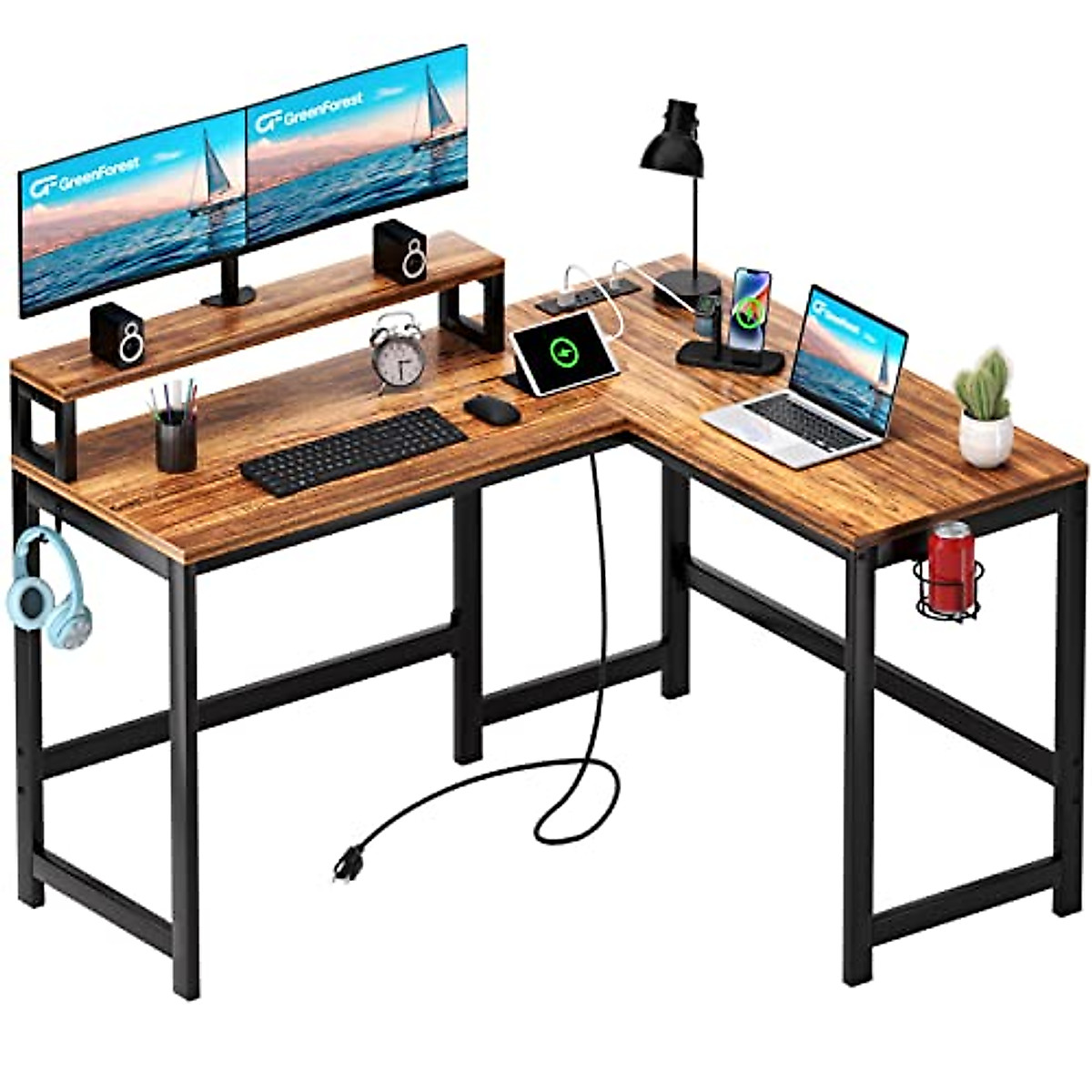 GreenForest L Shaped Desk with Power Outlets, 50.4 Inches Reversible Small Corner Computer Desk with Monitor Stand, Home Office Gaming Desk with Headphone Hook, Cup Holder, Walnut