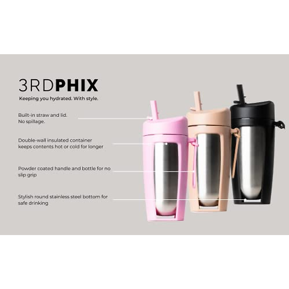 3rdphix Unique Shaped Insulated Stainless Steel Water Bottle, Sweat Proof, Built in Straw, Carry Handle, Hot or Cold Liquids, BPA Free Protein Shaker Bottle, Perfect for Gym 25 OZ / 750ML (Beige)