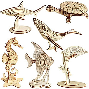 3D Wooden Sea Animal Puzzle - 6 Piece Set Wood Sea Animals Skeleton Assembly Model Kits - Wooden Crafts DIY Brain Teaser Puzzle - STEM Toys Gifts for Kids and Adults Teens Boys Girls
