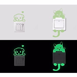 JIESWMY 5 Packs Glow in The Dark Wall Stickers,Luminous Switch Sticker,Cartoon Cat Dog PVC Wall Stickers for Kids and Adult Nursery Bedroom Living Room, 13*13cm, 5665-265