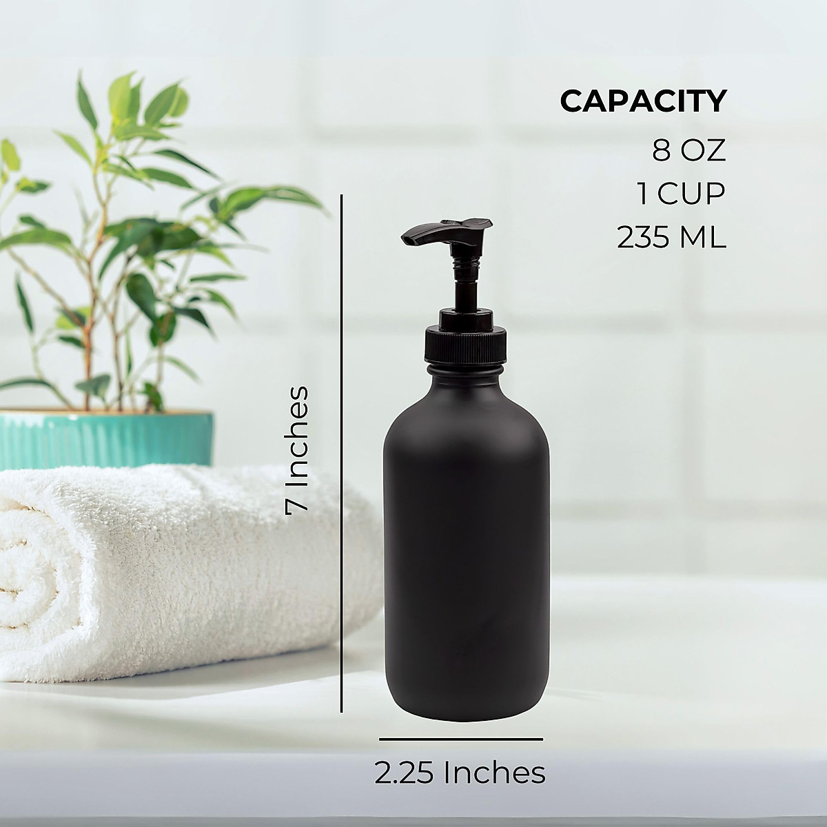 Cornucopia Brands Black Coated 8-Ounce Glass Pump Bottles (4-Pack), Great for Lotions, Liquid Soap, Aromatherapy and More