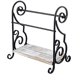 MyGift Black Metal Countertop Paper Towel Holder with Decorative Scrollwork Design and Whitewashed Wood Condiment Rack Storage Display Shelf