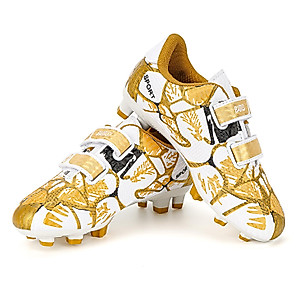 Linkidea Kids FG Soccer Shoes No Laces, Laceless Firm Ground Soccer Cleats for Unisex-Child, Kids Lace Less Soccer Shoes for Grass Field (Gold/White)