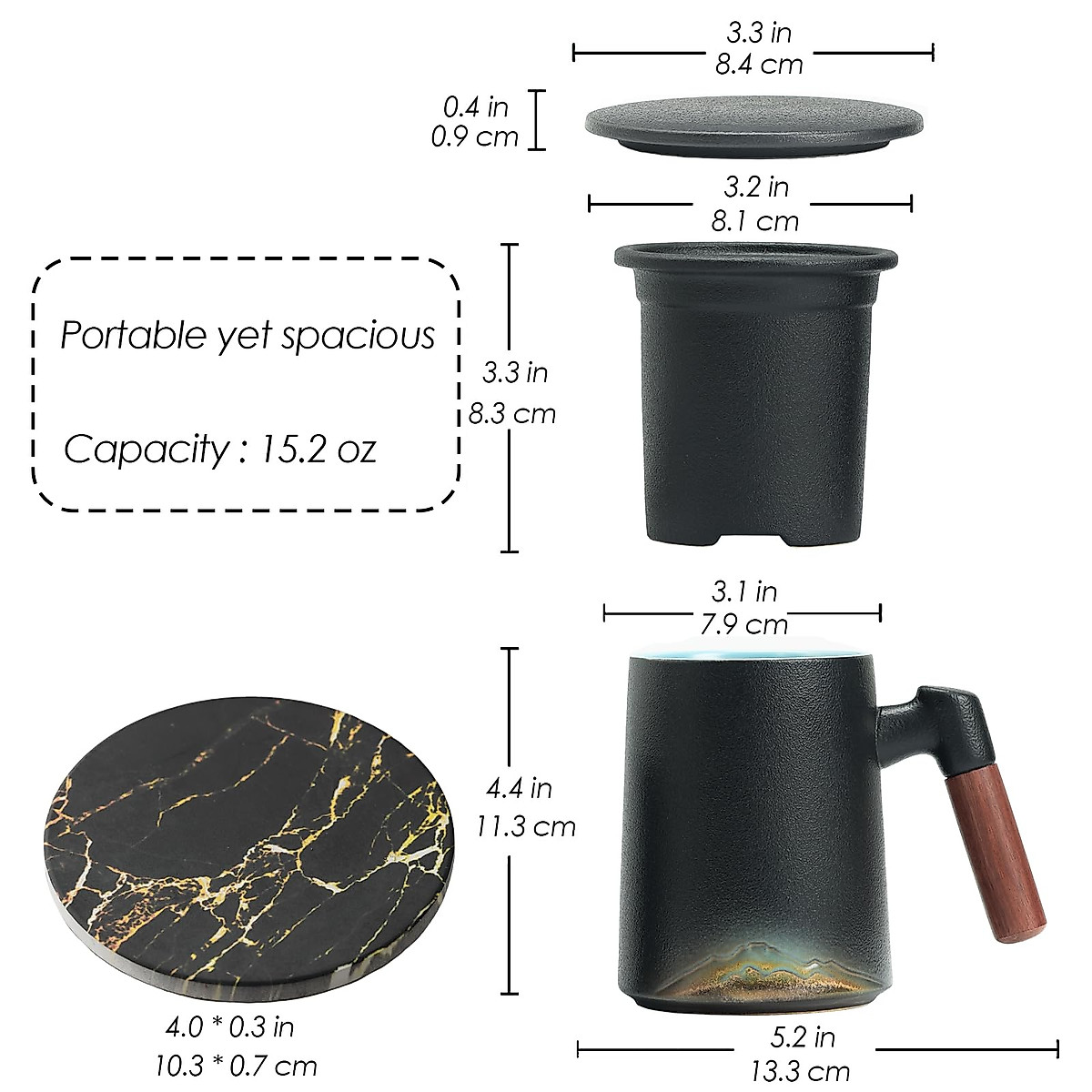 Ochcahser Tea Cup with Infuser and Lid, 15.2 Ounces Artistic Mountain Embossed Ceramic Tea Mug with Absorbent Coaster for Loose Leaf Tea, Ergonomic Bamboo Handle Tea Steeping Mug for Tea Lovers