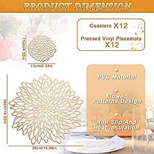 CHENGU 24 Pcs Round Pressed Vinyl Placemats Metallic Place Mat Coaster Set Including Placemats and Coasters Non Slip Heat Resistant Washable Table Mats for Dining Table Kitchen Decoration (Gold)