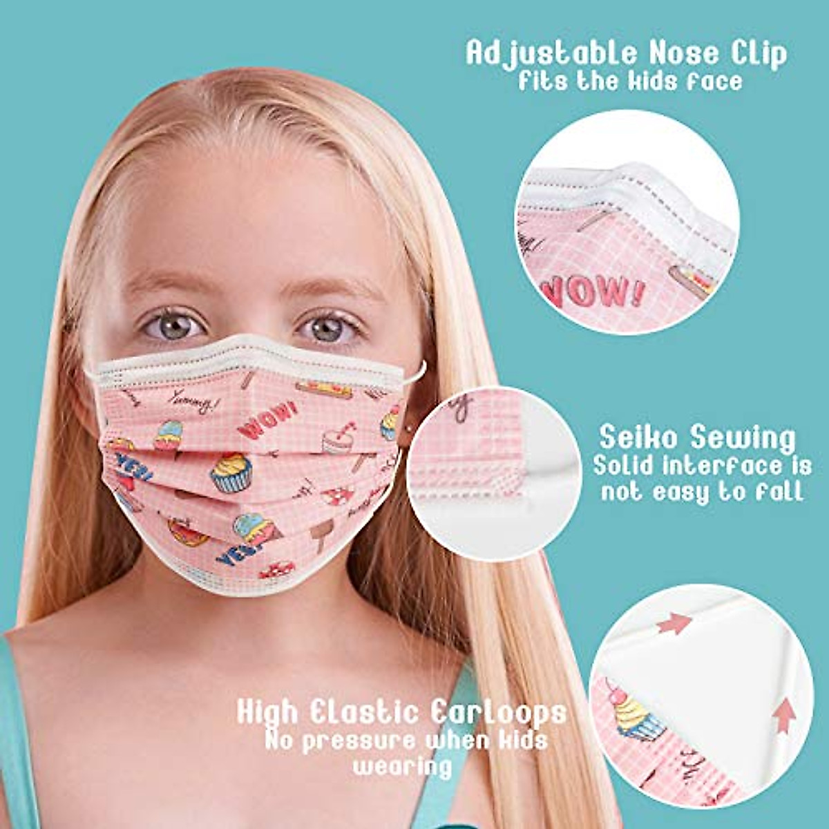 Assacalynn Disposable Kids Face Mask 50 Pcs Pink, Breathable Lightweight Kids Masks for Boys Girls, Masks for Kids with Cute Pink Cartoon Pattern