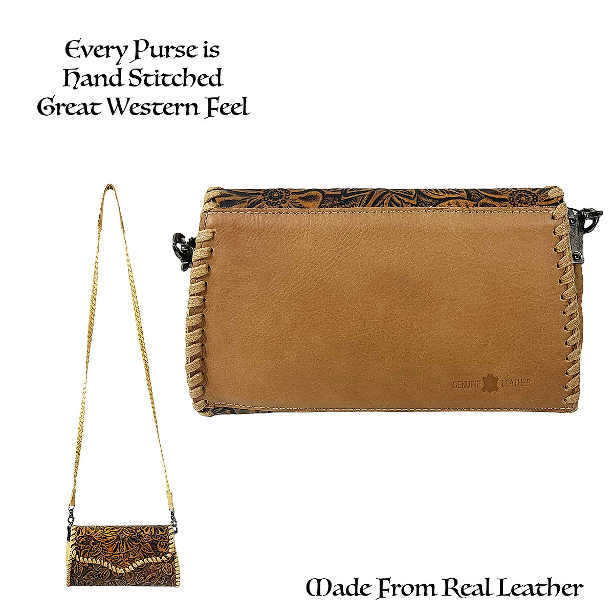 Urbalabs Western Crossbody Purse Cowgirl Handbag Genuine Leather Floral Tooled Flap Clasp Tote Bag Women Hand Stitched (Light Brown)