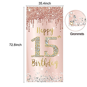 Happy 15th Birthday Door Banner Decorations for Girls, Pink Rose Gold 15 Birthday Party Backdrop Door Cover Sign Supplies, Fifteen Year Old Birthday Poster Background Decor