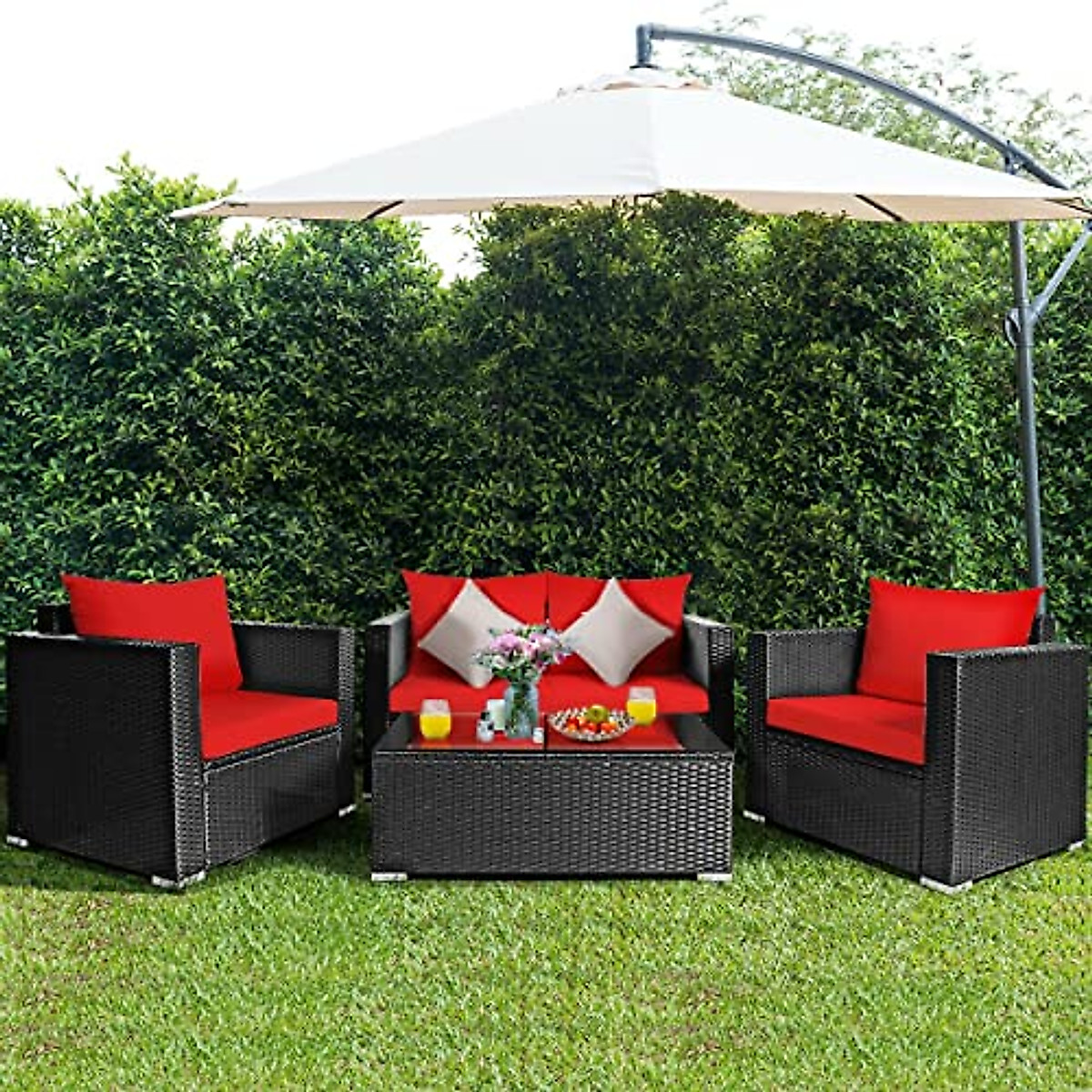 LUKEO 4PCS Patio Rattan Furniture Set Cushioned Sofa Chair Coffee Table Garden Red Single Sofa