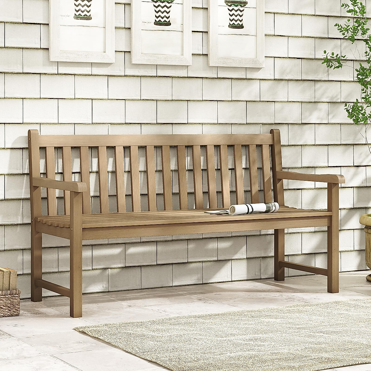 Tangkula 62" Outdoor Teak Wood Bench, 3-Person Garden Patio Bench with Backrest, Armrests and Slatted Seat, Porch Bench for Yard, Lawn, Deck and Entryway