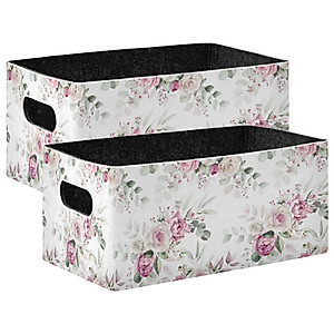Pfrewn Floral Pattern Storage Bins Baskets for Organizing Pink Peach Blush White Flowers Fabric Foldable Storage Boxes Bag Collapsible Closet Shelf for Shelves Nursery Toys Office, 2 Pack