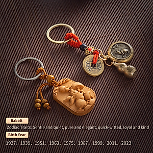 2 in 1 Feng Shui Wu Lou Brass Gourd 12 Zodiac Wood Carved Lucky Key Chain for Chinese Style Gifts(Rabbit)