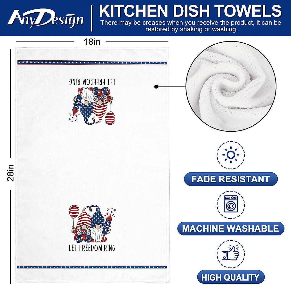 AnyDesign Patriotic Kitchen Towel 4th of July Gnome Truck Dish Cloth 18 x 28 Inch God Bless America Decorative Hand Drying Tea Towel for Independence Day Memorial Day Cooking Baking, 2Pcs
