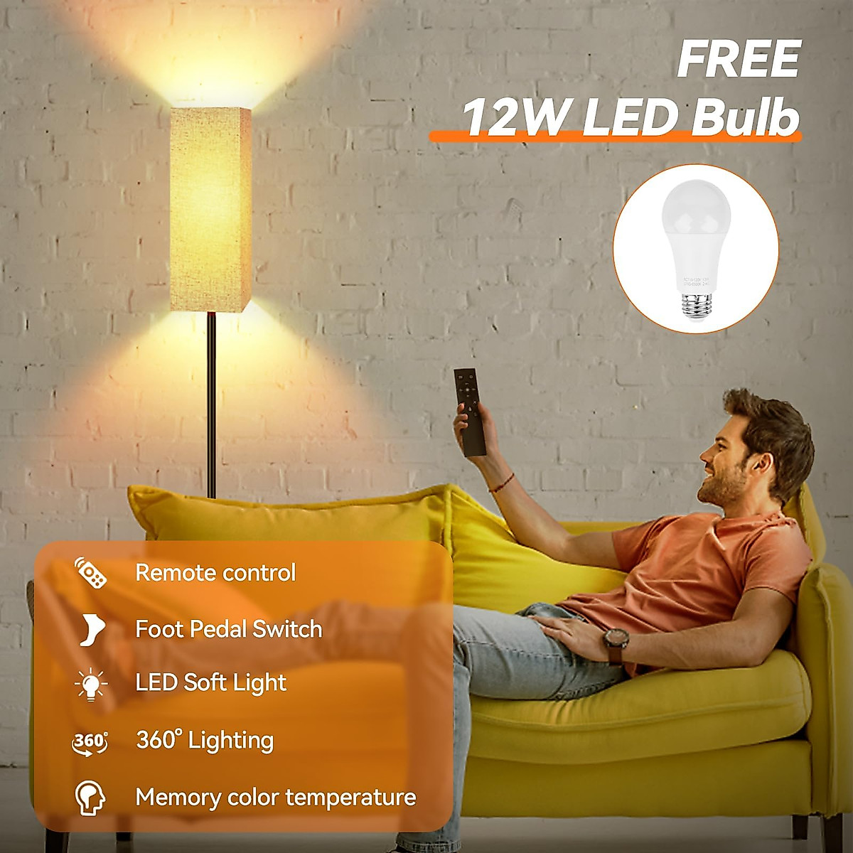 ATAEFR Floor Lamps for Living Room Bedroom, Modern Standing Lamp with Remote Control, Dimmable 3 Color Temperatures, 67" Tall lamp for Reading Office, 12W LED Bulb