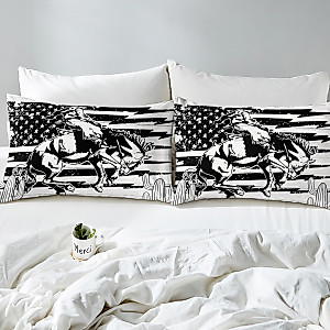 Cowboy Bedding Set Twin Size American Flag Bed Set for Girls Teens Bedroom Decor Kids Horses Pattern Fitted Sheet Soft Microfiber Black White Bed Cover(1 Fitted Sheet+1 Pillow Case)