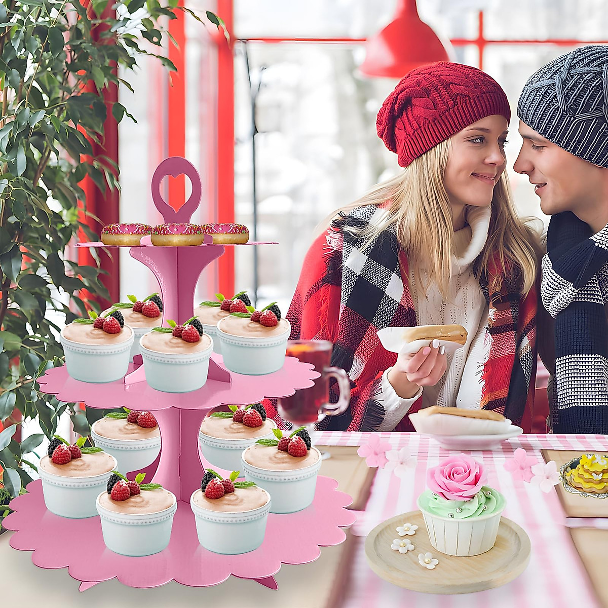 Humlindo 2 Pack Pink Cupcake Stand Tower, 3-Tier Cardboard Cup Cake Display Dessert Holder for Parties Holidays Birthday Party Wedding Baby Shower Anniversaries Decoration, Tiered Cupcake Stand