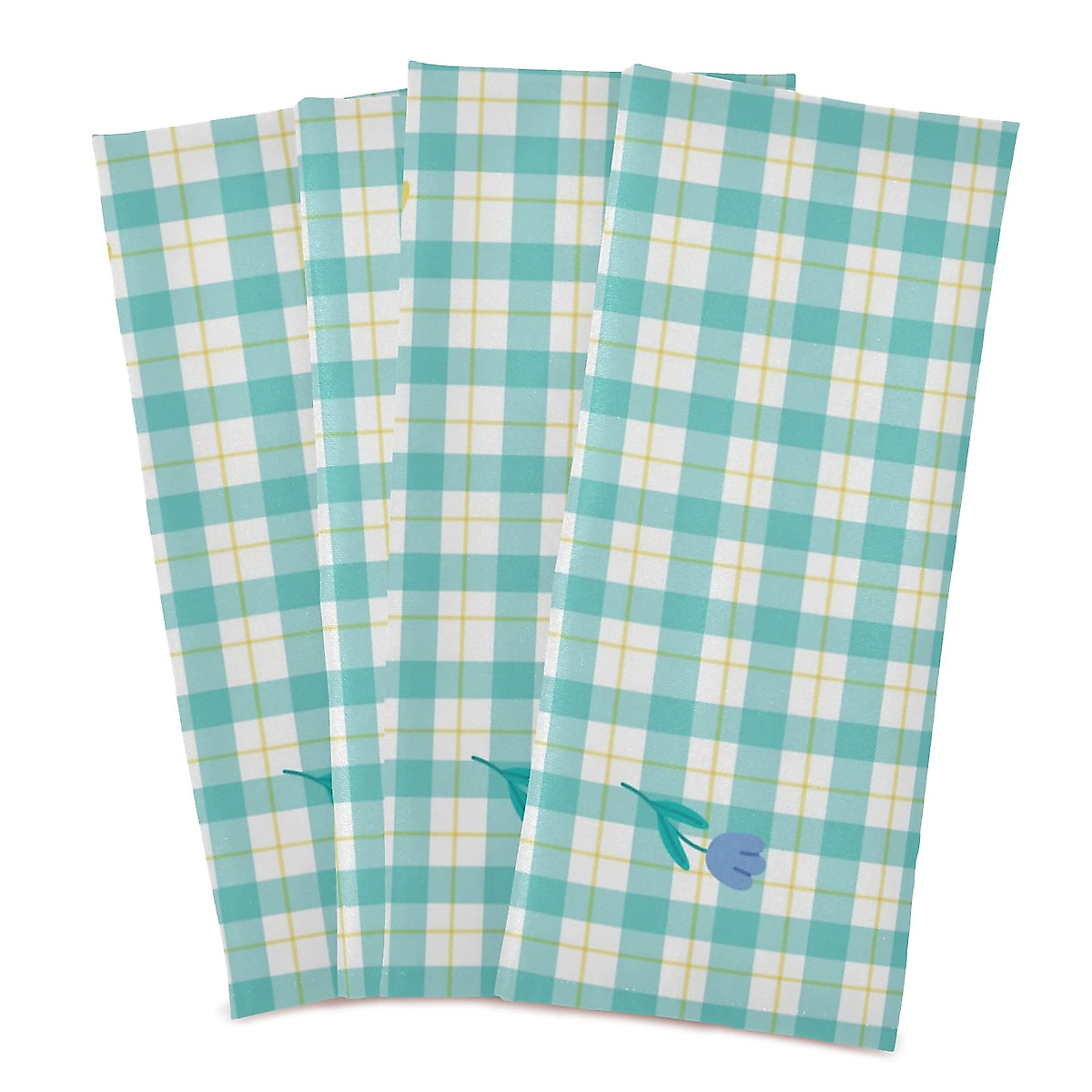Kigai Kitchen Dish Towels Green Mint Gingham Tulip Flower Soft Tea Towel Set of 4 Absorbent Dishcloths Hand Towels for Dish Clean Cloth 28" x 18"