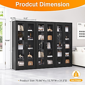 LISSIMO Tall Bookcase Storage Cabinet with Tempered Glass Door,Metal Display Cabinet with 4 Adjustable Shelves,5-Tier Curio Cabinet Liquor Cabinet for Home,Study,Living Room and Office (Black)