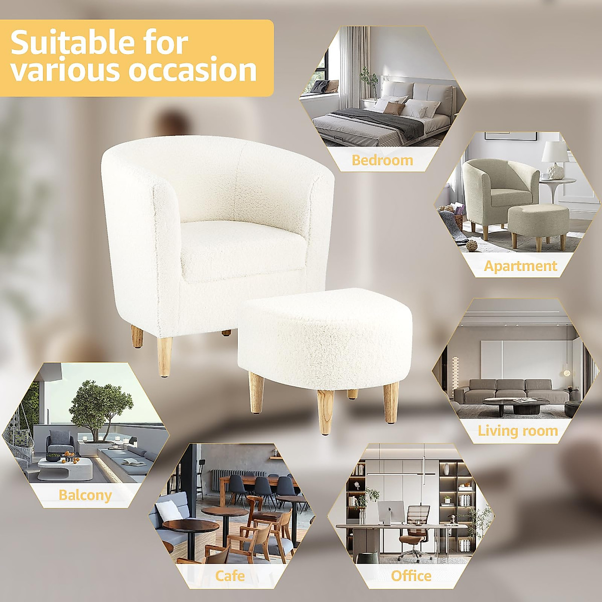 DAZONE Sherpa Chair, Accent White Fluffy Chair Teddy Barrel Chair with Ottoman Comfy ArmChair Footrest Set For Living Room Upholstered Club Tub Sofa Chair for Bedroom Reading Room