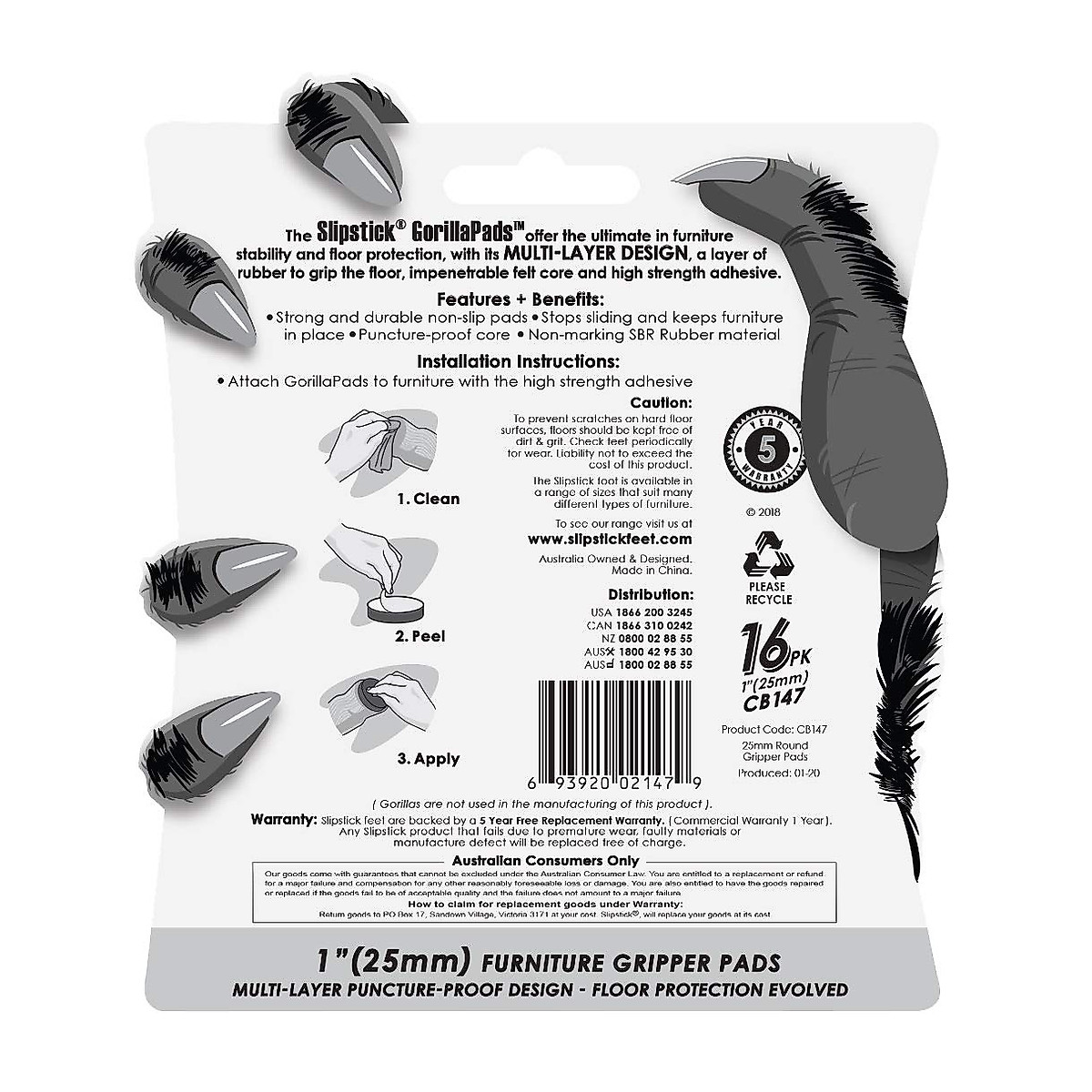 Slipstick GorillaPads CB147 Non Slip Furniture Pads/Gripper Feet (Set of 16) Self Adhesive Rubber Floor Protectors, 1 inch Round, Black