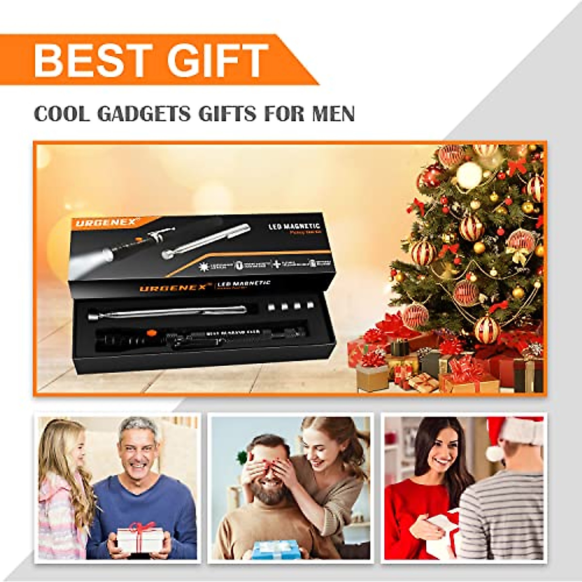 Magnetic Pickup Tools Gifts for Men - Engraved "BEST HUSBAND EVER" Telescoping Magnet Flashlight Pick Up Gadget Tool LED Light for Men, DIY Handyman, Father/Dad, Husband, Boyfriend, Him, Women URGENEX