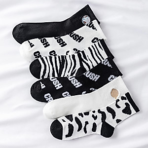 OYOANGLE Women's 6 Pairs Womens Funny socks Cozy Cute Printed Patterned Fun Socks Novelty Socks for Women Gifts Black and White Print One Size