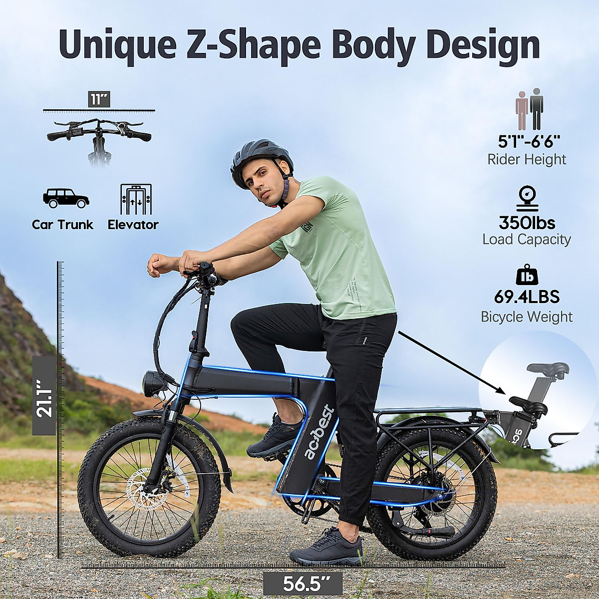 ACTBEST Folding Electric Bike for Adults - 750W Brushless Motor Ebike, 48V 15AH Removable Battery, Unique Z Shape Bicycle with 7 Speed, Foldable Fat Tire E-Bikes, ZCool
