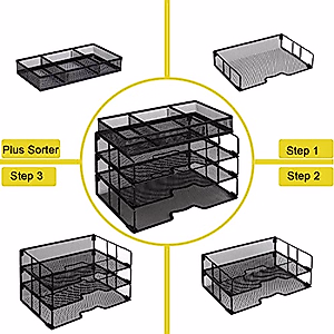 Meshist Paper Letter Tray Organizer, 3 Tier Stackable Desk File Organizer with Sorter，Black