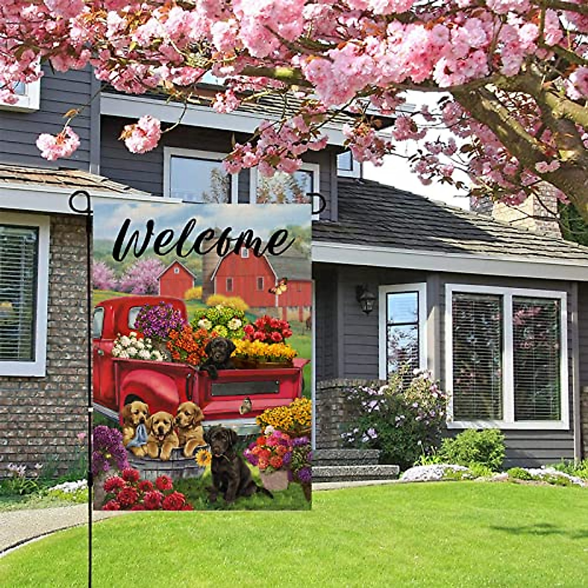 Artofy Welcome Spring Summer Red Truck Home Decorative Garden Flag, House Yard Dog Flower Pickup Outside Decor, Puppy Farmhouse Outdoor Small Burlap Decorations 12x18
