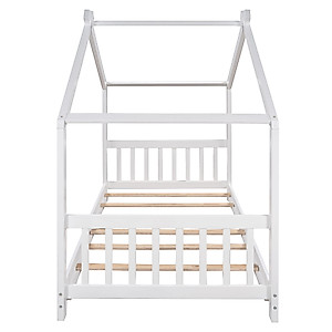 Merax Twin Kids Wood House Beds with Headboard and Footboard Floor Bed Frame for Boys,Girls, Easy Assembly (Twin, White)
