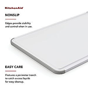 KitchenAid Classic Plastic Cutting Board with Perimeter Trench and Non Slip Edges, Dishwasher Safe, 12 inch x 18 inch, White and Gray