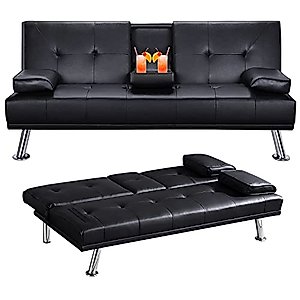 Ucloveria Modern Faux Leather, Multifunctional Sofa Bed, Convertible Folding Recliner Lounge Futon Couch for Living Room with 2 Cup Holders with Armrest（Black）