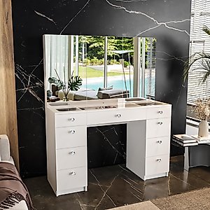 Boahaus Lily White Makeup Vanity Desk with Mirror Cabinets, Glass Top, 9 Drawers, and Crystal Ball Knobs - Modern Makeup Desk - Big Vanity - Large