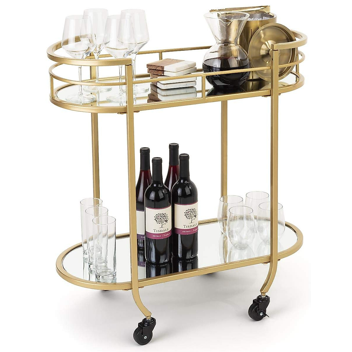 Displays2go Champagne Gold Drinks Trolley, Mirrored Glass Decks, Four Casters - Satin Finish (FSBEVCART5)